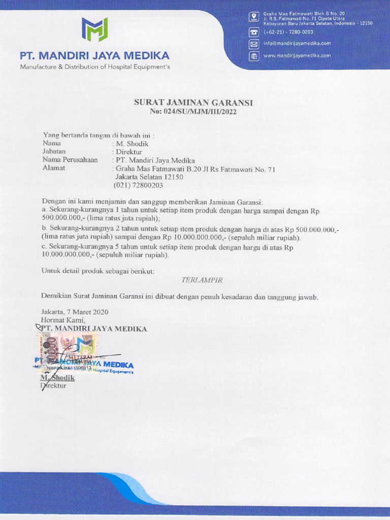 Surat Jaminan Garansi | PDF