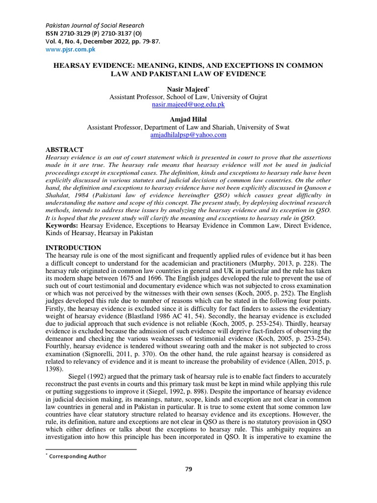 Vol. 4 No. 4 December 2022 Majeed Hilal Hearsay Evidence | PDF | Hearsay | Evidence (Law)