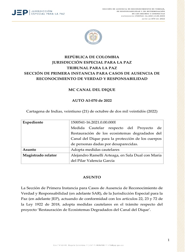 AUTO AI-070 de 2022 - JEP | PDF | Mandato | Jurisdicción