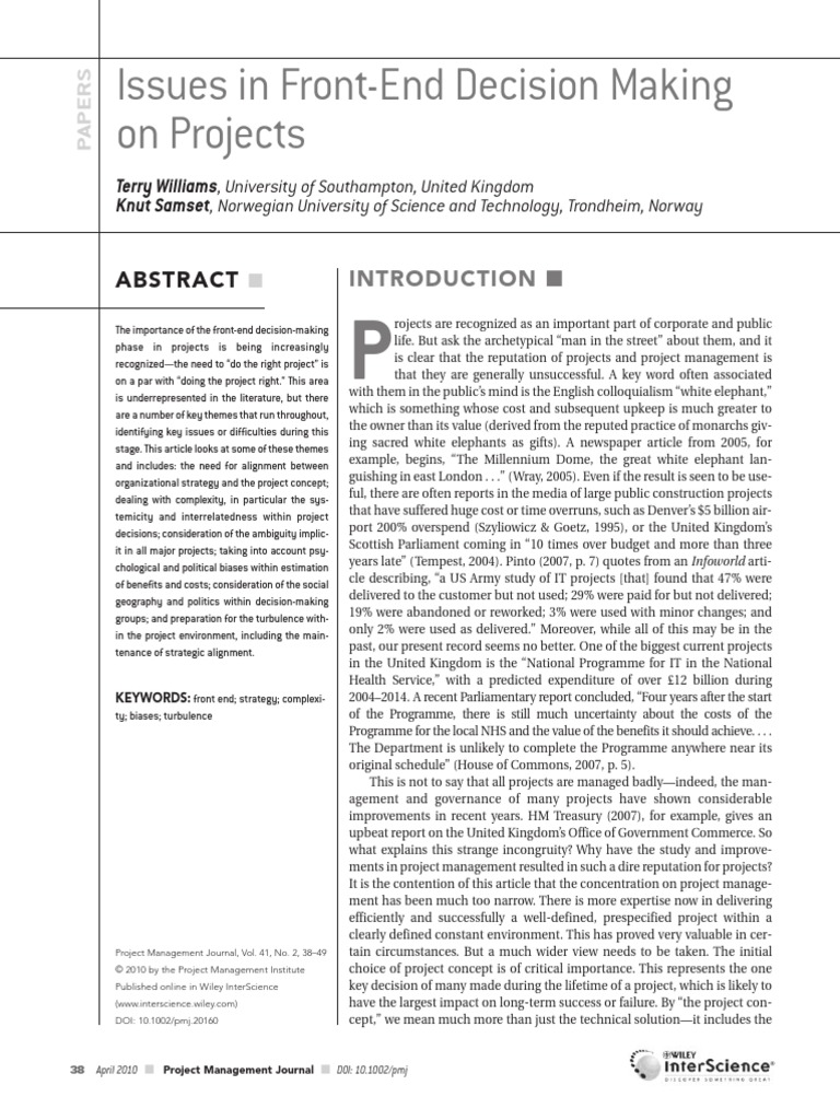 Issues in Front-End Decision Making On Projects | PDF | Business | Finance & Money Management