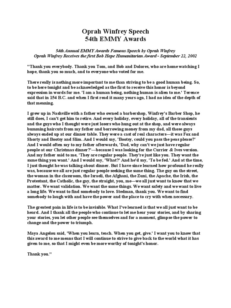 Oprah Winfrey Speech 54th EMMY Awards | PDF | Characters In Romeo And ...