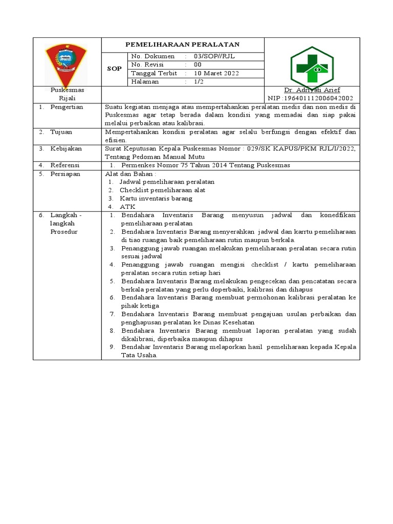 Sop Pemeliharaan Peralatan | PDF