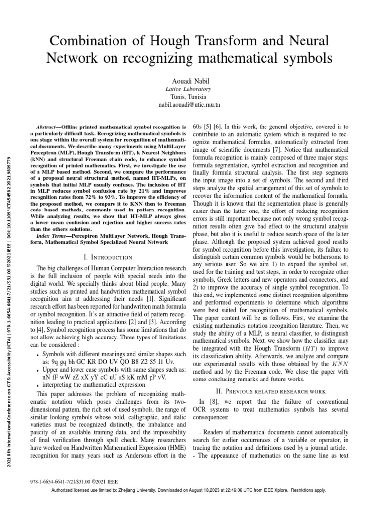 Combination of Hough Transform and Neural Network On Recognizing Mathematical Symbols | PDF