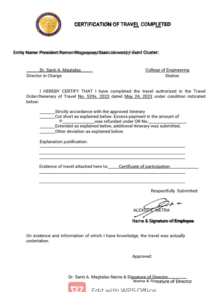 Metra, Alexuz E. - CERTIFICATION-OF-TRAVEL-COMPLETED | PDF