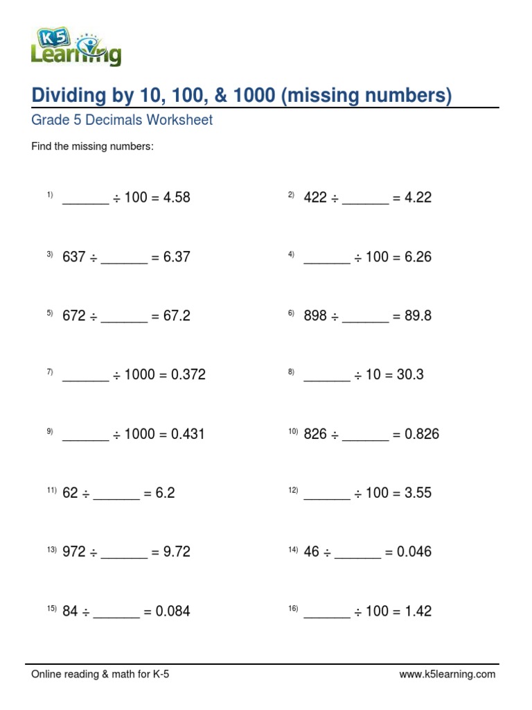 Grade 5 Dividing Whole Numbers by 10 100 1000 Missing A | PDF