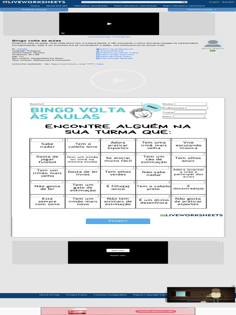 Bingo Volta As Aulas Worksheet | PDF