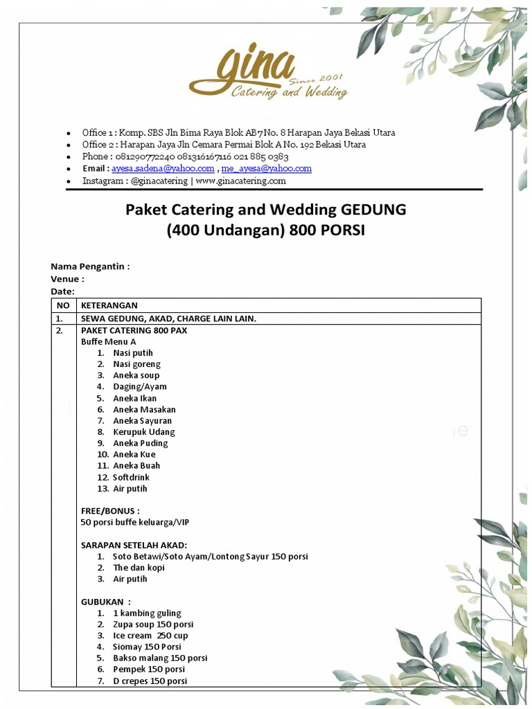 Paket Catering dan Wedding 800 Porsi | PDF