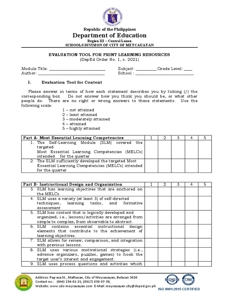 Evaluation Tool For Print Learning Resources | PDF | Learning ...