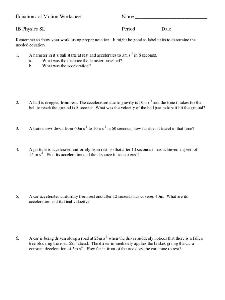 Equations of Motion Worksheet | PDF