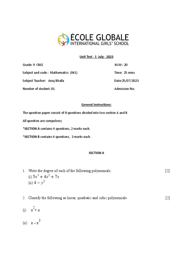 Class 9th Maths Test Mr. Anuj | PDF