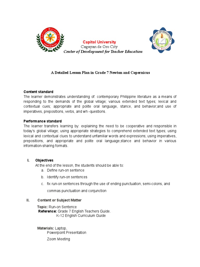 Lesson Plan Run-On Sentence | PDF | Grammar | Language Mechanics