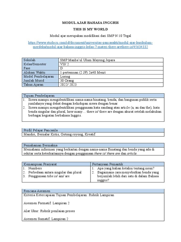 Modul Ajar Bahasa Inggris - Modul Ajar Bahasa Inggris Kelas 7 This Is My World - Fase D | PDF