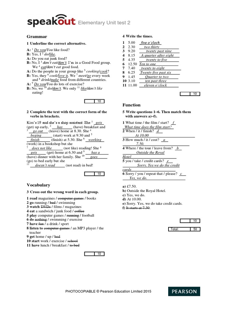 Elementary Unit Test 2 Grammar Pdf Food And Drink Linguistics