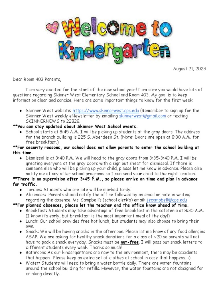 Welcome To Kindergarten Letter 2023-2024 | PDF