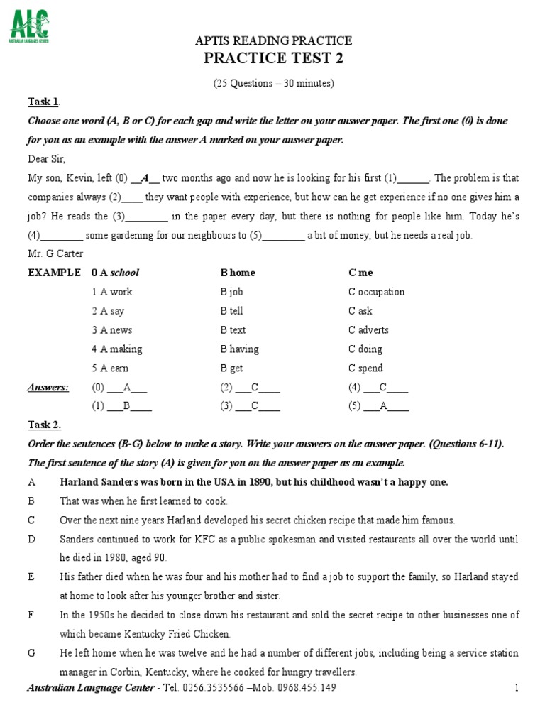 APTIS Reading Practice Test 2 | PDF