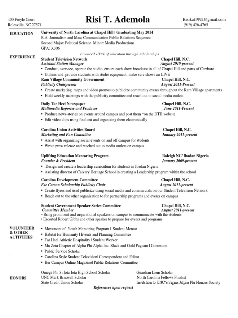 Resume (Fall) 7 | PDF | University Of North Carolina At Chapel Hill ...