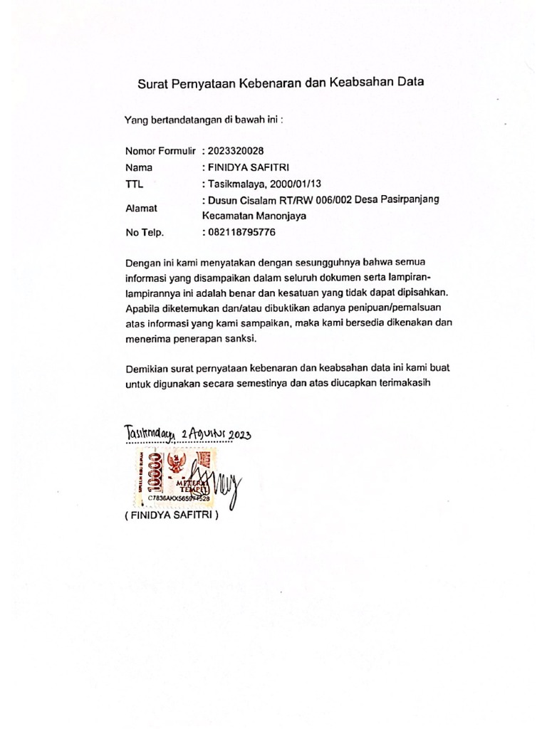 Surat Pernyataan Kebenaran Dan Keabsahan Data . | PDF