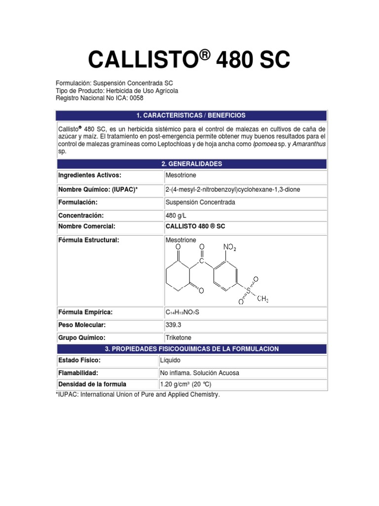 Callisto 480 SC Ficha Tecnica | PDF | Agua | Química
