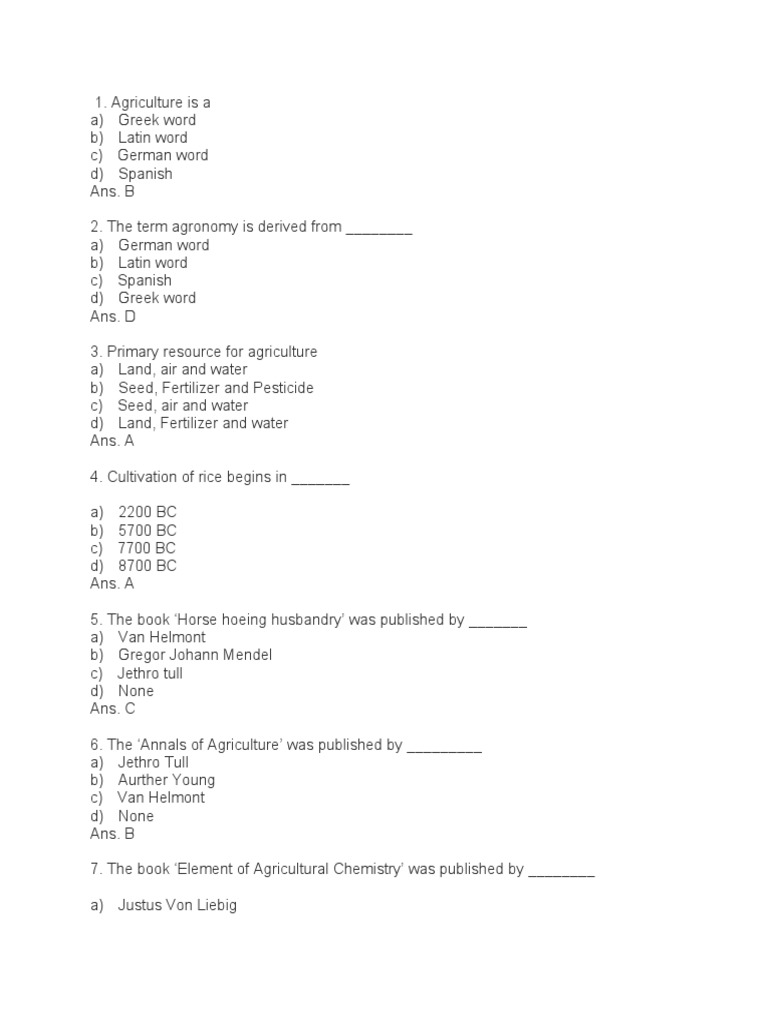 Agriculture Knowledge Quiz Questions | PDF | Microorganism | Agriculture