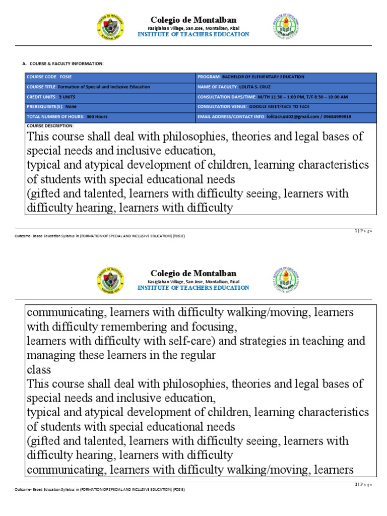 Syllabus FOSIE Formation of Special and Inclusive Education | PDF