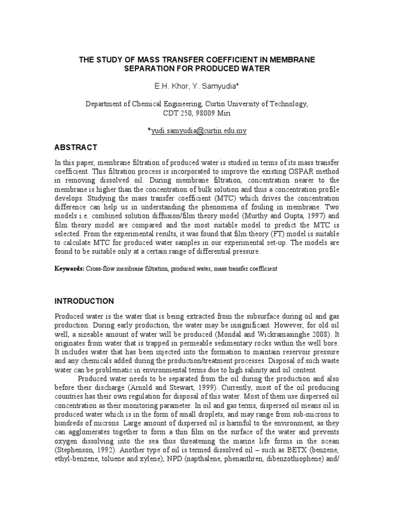 The Study Of Mass Transfer Coefficient In Membrane Separation For