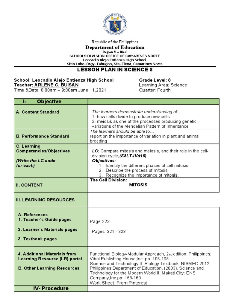 Science 8 Lesson Plan: Mitosis Overview | PDF