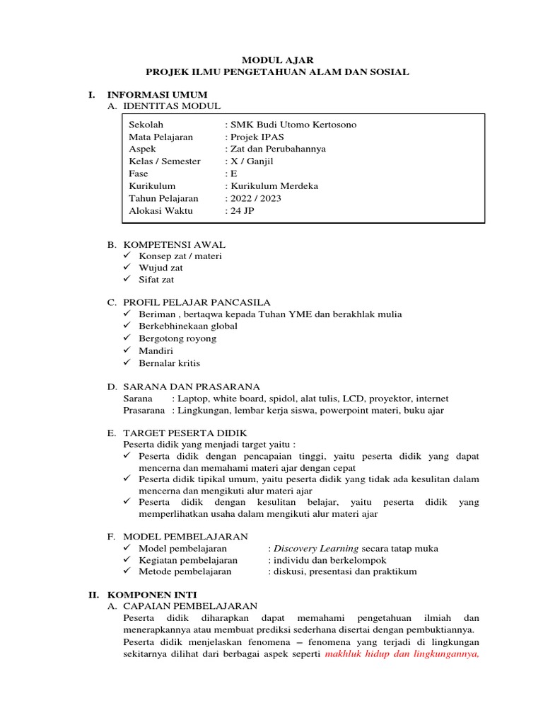 Modul Ajar IPAS Kelas X SMK (Zat Dan Perubahannya) | PDF | Karier ...