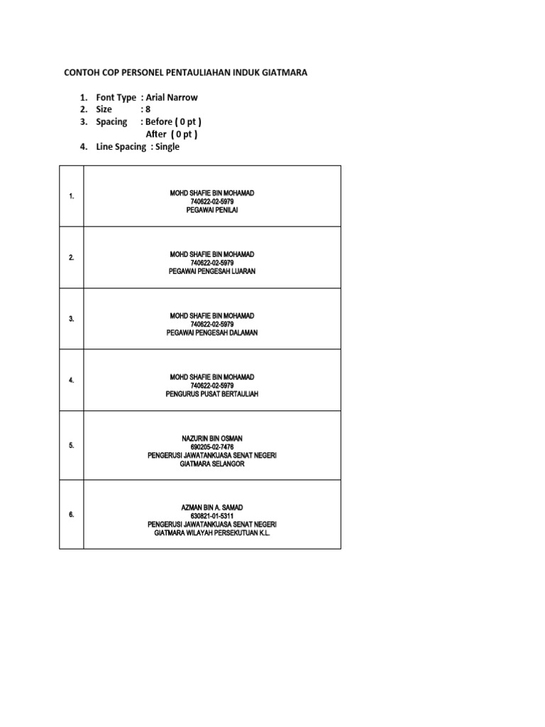 Contoh Cop Personel T1003 | PDF