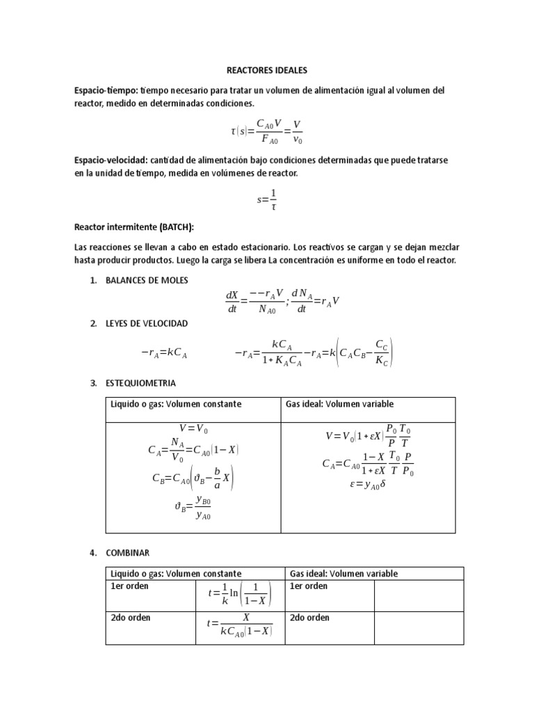 Formulario Reactores Quimicos | PDF