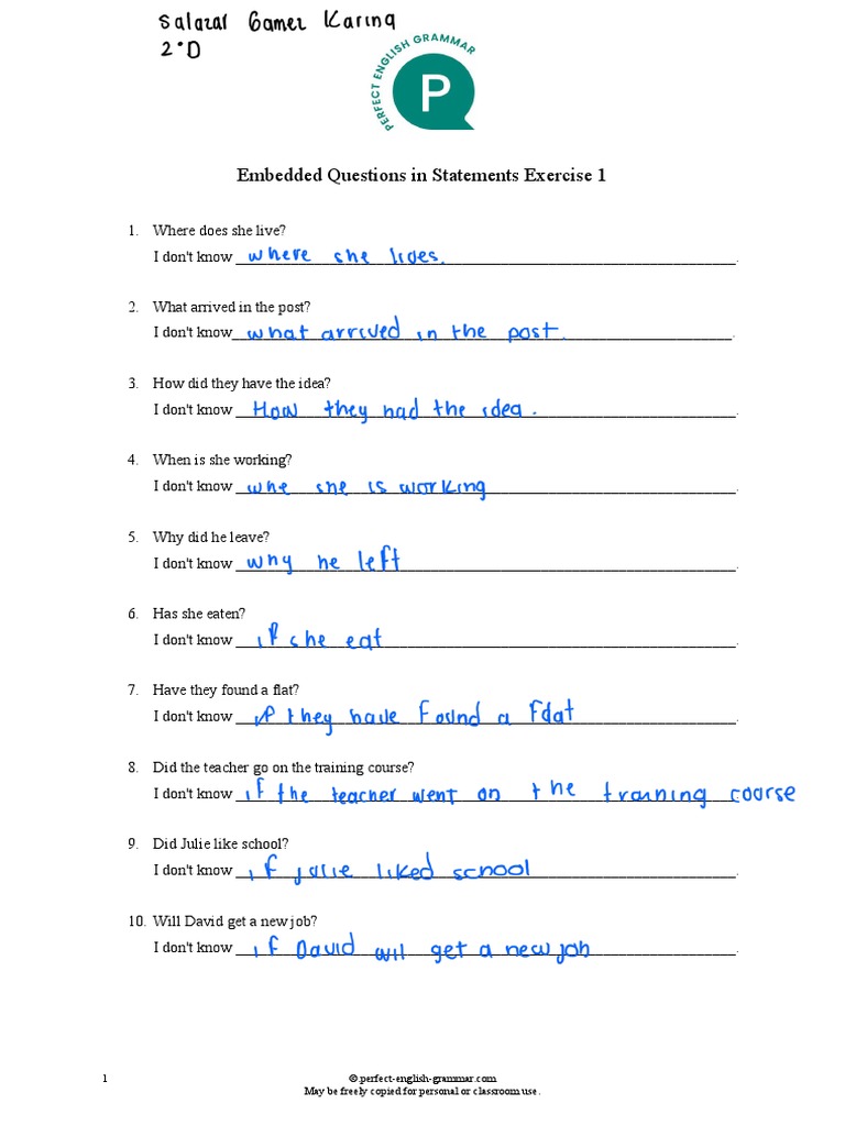 Embedded Questions in Statements Exercise 1 | PDF