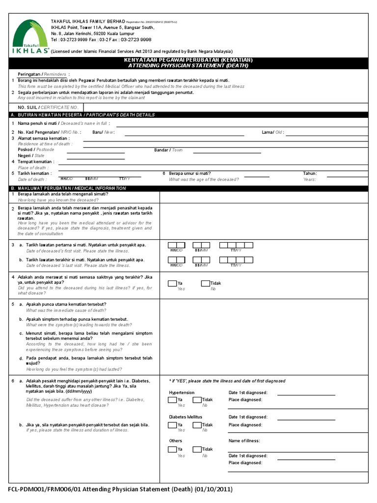 Attending Physician Statement for Death | PDF