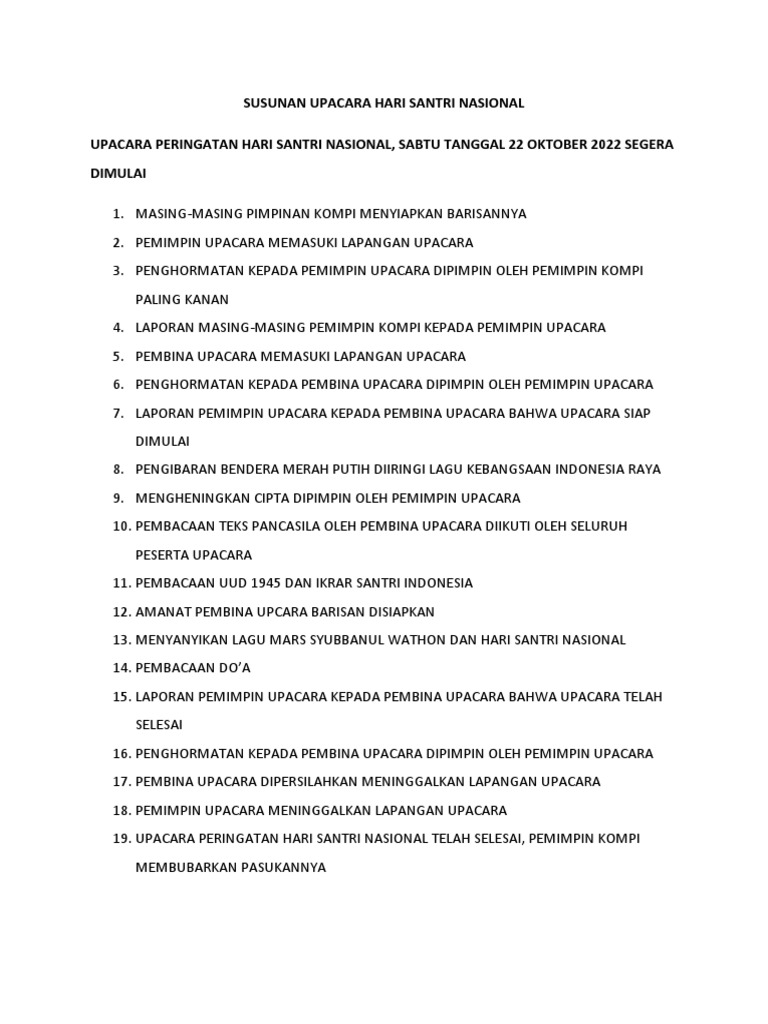 Protokol Susunan Upacara Hari Santri Nasional | PDF