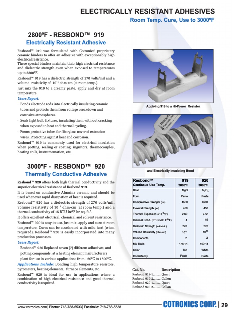 Electrically Resistant Adhesives: 2800ºF - RESBOND™ 919 | PDF