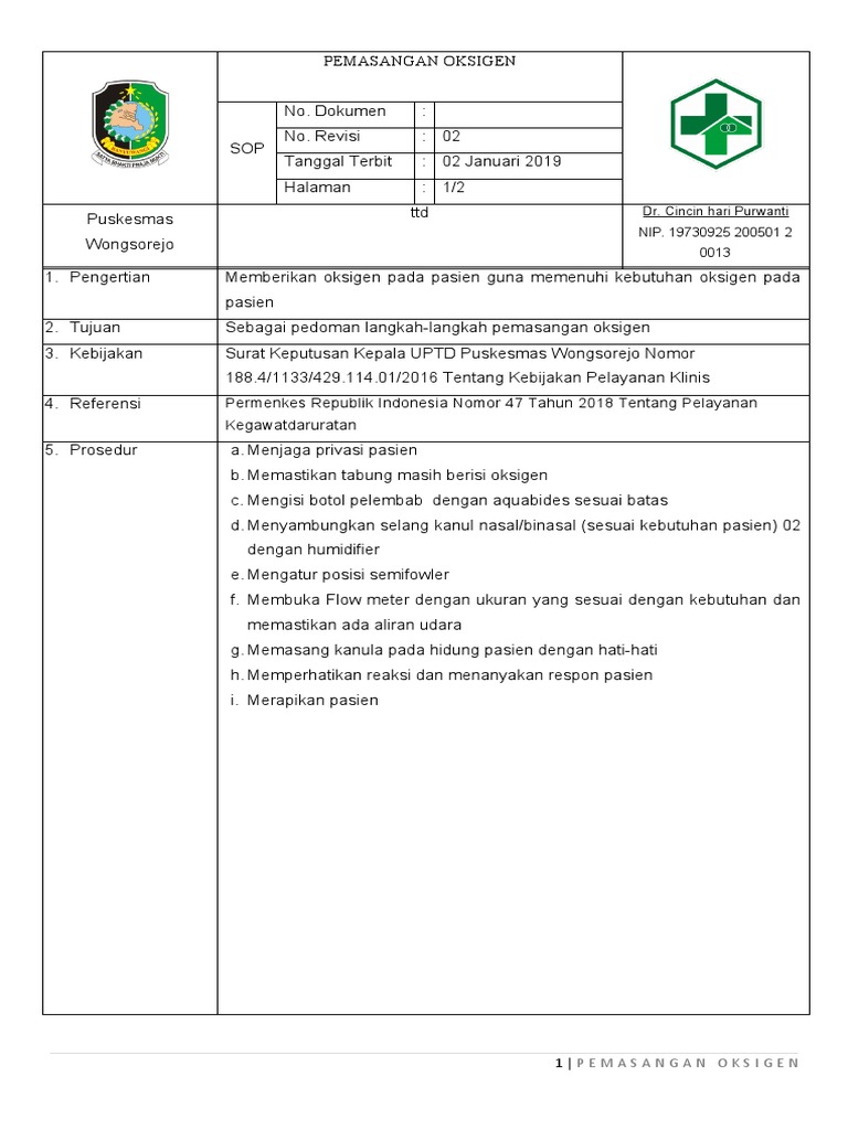 SOP PEMASANGAN OKSIGEN | PDF