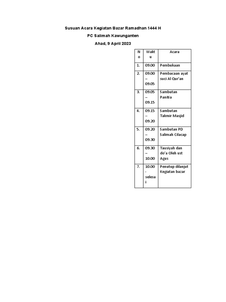Susuan Acara Kegiatan Bazar Ramadhan 1444 H | PDF