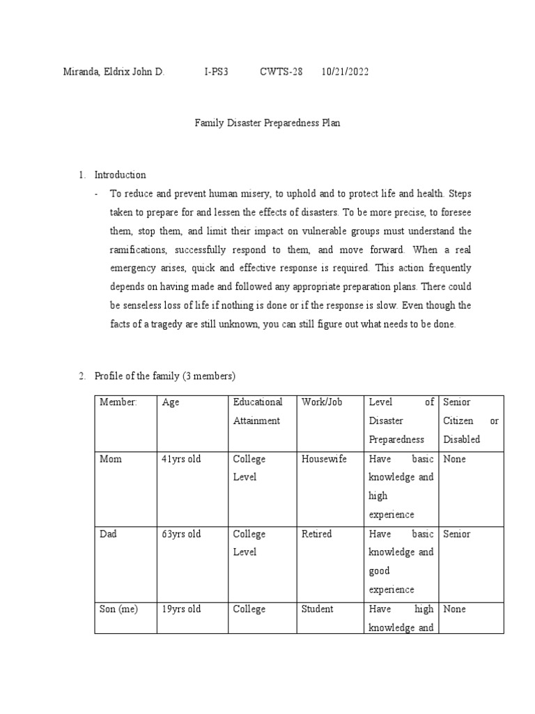 Family Disaster Preparedness Plan - Individual Performance Task | PDF