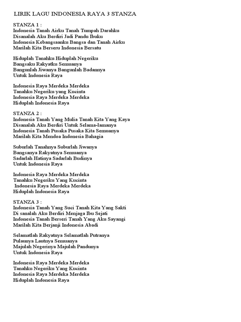 Lirik Lagu Indonesia Raya 3 Stanza | PDF