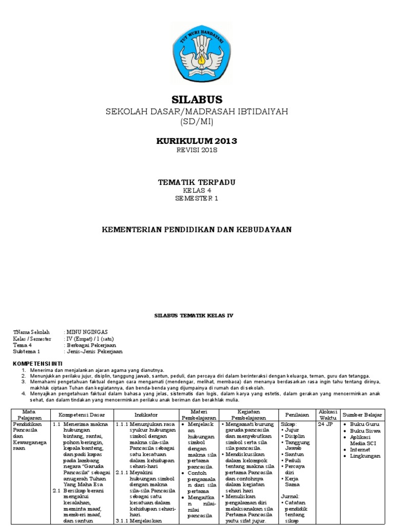 Silabus Tematik Kelas 4 SD/MI 2018 | PDF | Agama & Spiritualitas