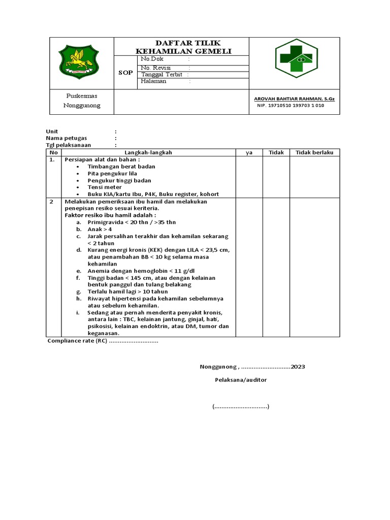 Daftar Tilik Kehamilan Gemeli | PDF