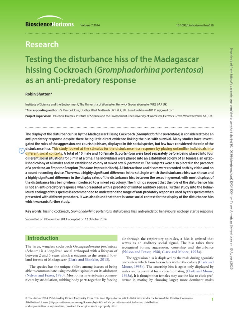 Madagascar Cockroach Disturbance Hiss Study | PDF | Social Science | Philosophy