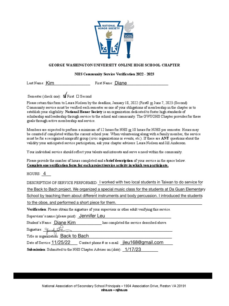 NHS Service Form - Fall 22-23 (Back To Bach) | PDF