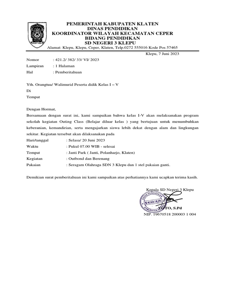 Surat Pemberitahuan Outing Class | PDF