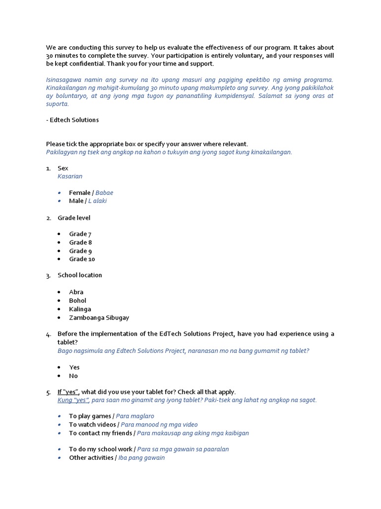 EoSY Student Survey Questionnaire - Final | PDF