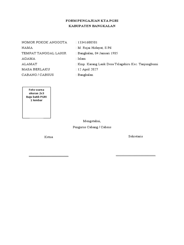 Form Pengajuan Kta Pgri | PDF