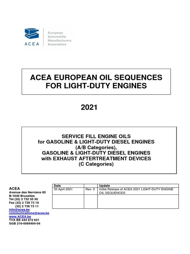 2021 ACEA Oil Sequences Light-Duty Engines | PDF | Motor Oil | Diesel ...