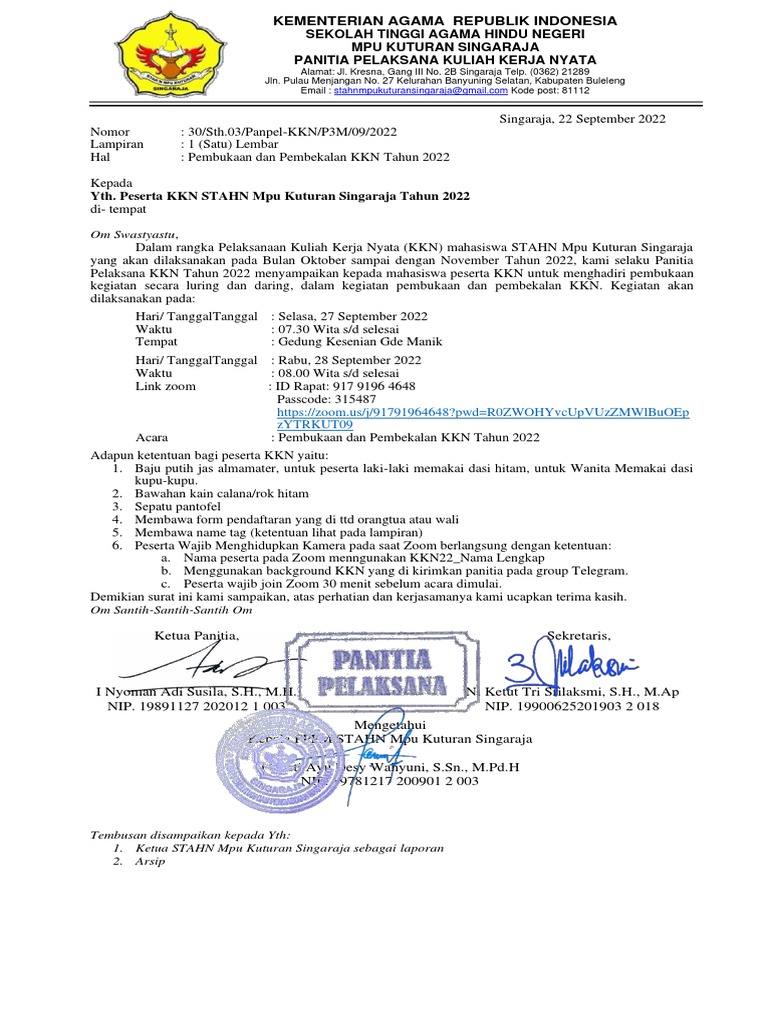 Surat Undangan Kegiatan Pembukaan Dan Pembekalan KKN | PDF