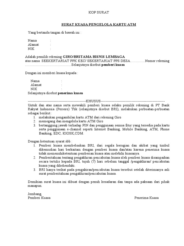 Surat Kuasa Pemegang Kartu Atm-2 | PDF