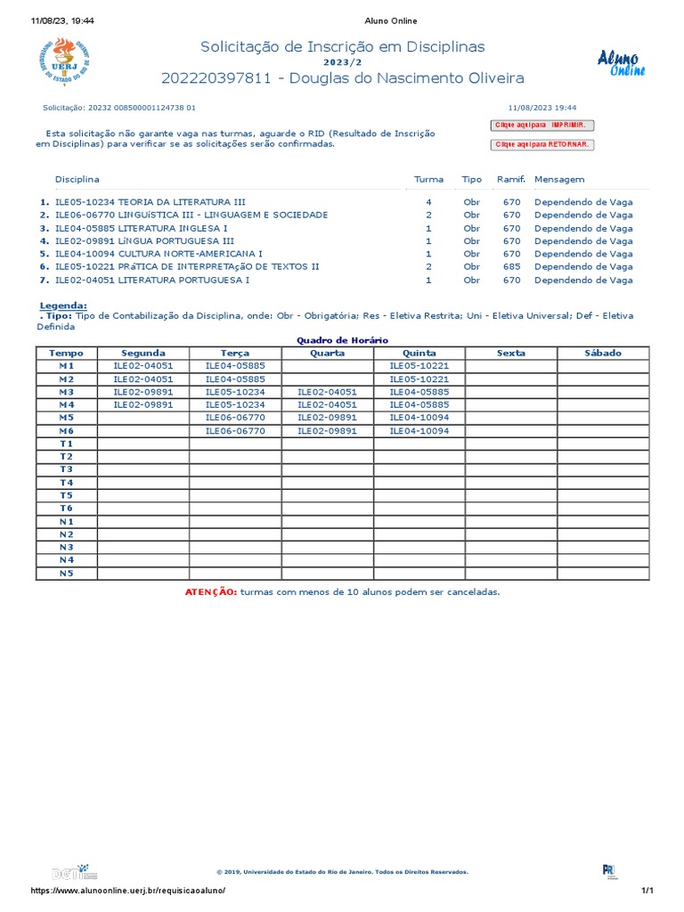 Grade de Horários Uerj Terceiro Período | PDF