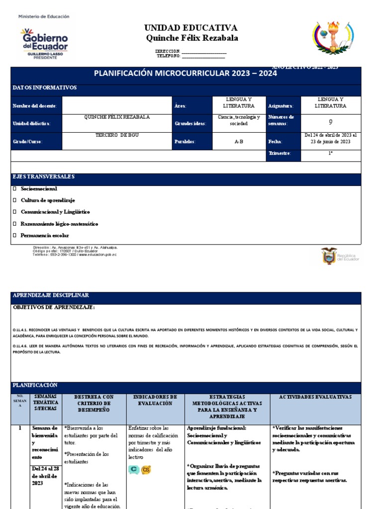 Planificación Lengua 4° Grado BGU | PDF | Aprendizaje | Evaluación