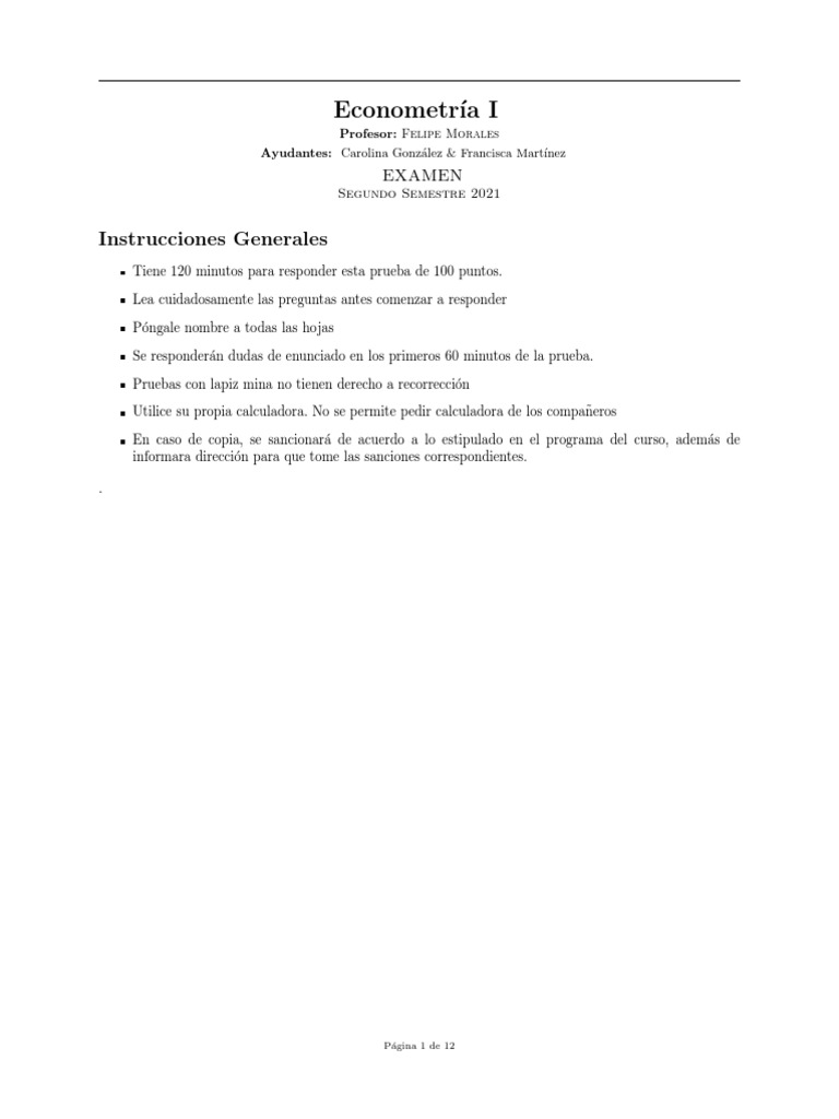 Examen - Econometr - A - 2S - 2021 (5) Pauta | PDF | Experimentar | Estimador